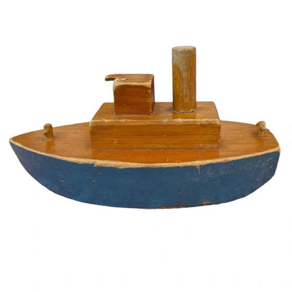Toys | Vintage Chippy Blue And Wooden Toy Tugboat | Poshmark
